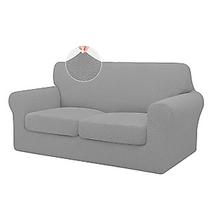 ISSUNTEX 3 Pieces High Stretch Thicken Loveseat Couch Covers, Soft Sofa Slipcover for 2 Separate Cushion Couch, Jacquard Fabric Elastic Sofa Cover Furniture Protector for Dogs (Loveseat, Light Gray)