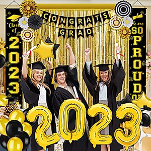 Class of 2023 Graduation Decorations, Black Gold Graduation Party Decor Kits, Banner, Balloons, Large Congrats Grad Party Supplies, Congrats Grad Decorations For Senior High School College Photo Prop