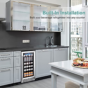 Beverage Refrigerator, Phiestina15 inch 96 Cans Built-in or Freestanding Beverage Cooler Mini Fridge with Auto Defrost,Glass Door & 6 Removable Shelves for Home Bar Office