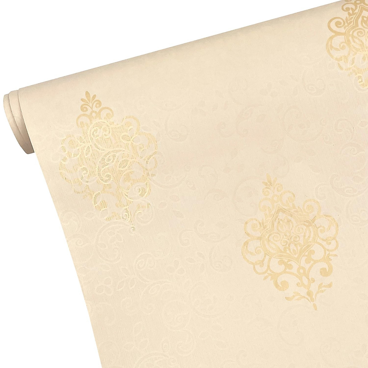 Yifely Light Beige Damask Shelf Liner Easy to Apply Furnitrue Coutertop Decor PVC Paper Self-Adhesive 17.8 Inch by 9.8 Feet