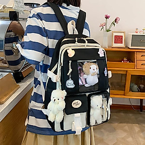 AONUOWE Kawaii Backpack with Cute Pins and Pendants 5Pcs Set Preppy Rucksack for Teen Girls School Bag Aesthetic Backpack (Black)