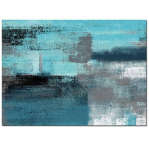 Contemporary Non-Slip Area Rug Turquoise and Grey Abstract Art Painting Teal Printed Rugs Art Carnival Rubber Backing Living Room Floor Mats Rectangle Area Rug Carpet for Indoor 2.7'x5'