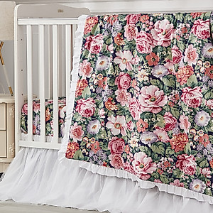 Brandream 3-Piece Crib Bedding Sets for Girls Garden Allure Blossom Floral Baby Nursery Set | Crib Comforter, Fiited Crib Sheet, White Tulle Lace Crib Bed Skirt, Pink Purple Green,100% Cotton