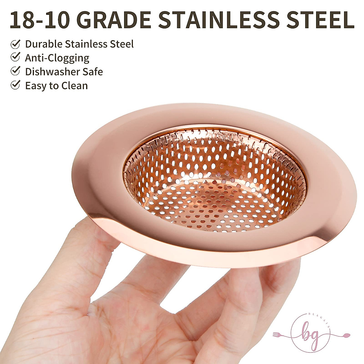 BLAGAIN 2PCS Kitchen Sink Strainer, Stainless Steel Sink Drain Strainer, Food Catcher for Most Sink Drains Basket, 4.5 Inch Diameter, Rose Gold