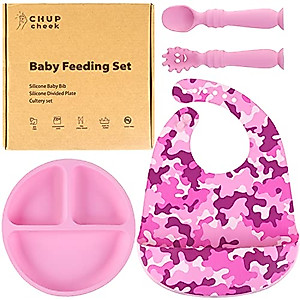 CHUPcheek Silicone Baby Feeding Set, Suction Plates for Baby, Adjustable Baby Bibs, Soft Spoon & Spork Suitable for Toddlers & Kids