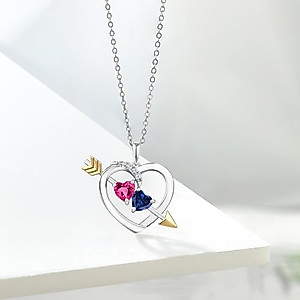 Gem Stone King 925 Silver and 10K Yellow Gold Customized and Personalized Double Heart Shape Gemstone Birthstone and White Lab Grown Diamond Name Engraved Pendant Necklace For Women with 18 Inch Chain