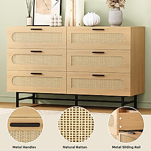 MAISONPEX 6 Drawer Dresser for Bedroom Wooden, Natural Rattan Double Dresser Chest of Drawers, Wide Wood Dressers for Nursery, Bedroom, Hallway, Living Room