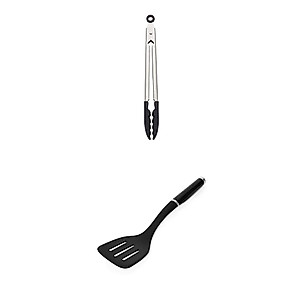 KitchenAid Silicone Tipped Stainless Steel Tongs, 10.26 Inch, Black & KitchenAid Classic Slotted Turner, One Size, Black 2, 13.66-Inch