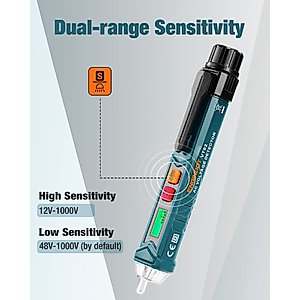 Non-Contact Voltage Tester, Dual Range Voltage Tester AC 12V-1000V/48V-1000V, ENGiNDOT Live/Null Wire Tester, Electrical Tester with LCD Display, Buzzer & Light Alarm, Breakpoint Test (Blue)