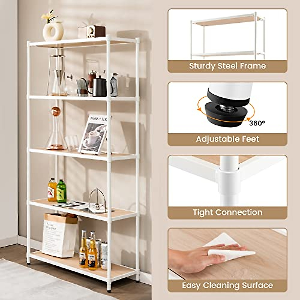 Giantex 5-Tier Industrial Bookshelf White - 61" Tall Open Display Shelving Rack with Anti-toppling Device, Adjustable Feet, Freestanding Storage Shelf for Living Room, Kitchen, Office, Bedroom