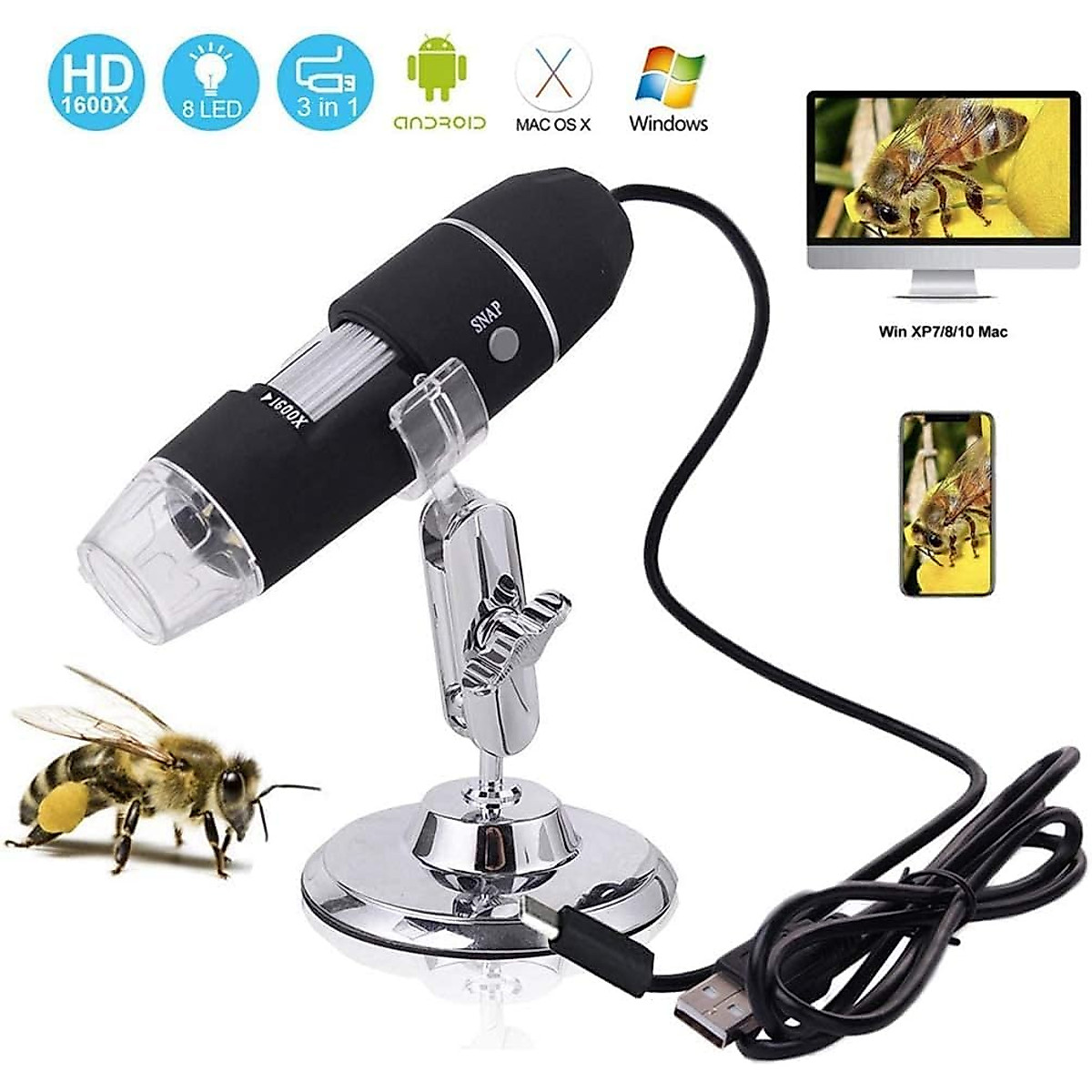 Grewtech USB Digital Microscope 1600x 8 LED Magnification Endoscope Camera with Metal Stand Compatible with Windows, Android and Mac