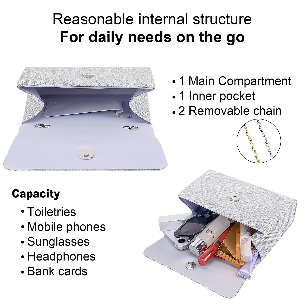 Larcenciel Women's Evening Handbags, Glitter Top Handle Evening Purse w/Chain, Silver Ladies Sequins Shoulder Crossbody Bag, Chic Guest Clutch for Party Prom Wedding Cocktail Club Dating,7.9x2.2x5.3in