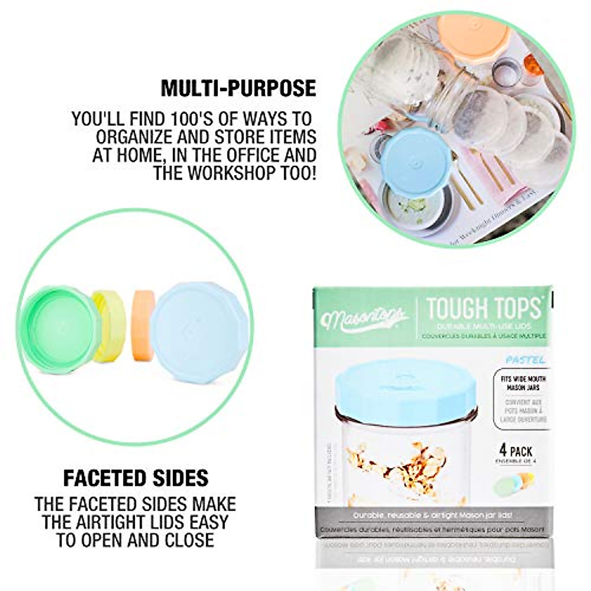 Masontops Tough Tops - Ball Wide Mouth Mason Jar Lids Plastic Leakproof - Multi Colored Plastic Mason Jar Lids - Reusable Canning Lids fit Ball Jars