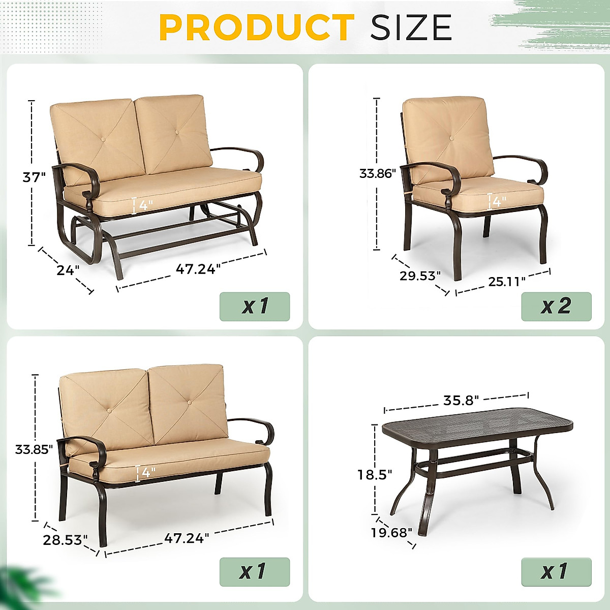 Incbruce 5 Pcs(6 Seats) Outdoor Metal Furniture Sets Wrought Iron Patio Conversation Sets, (Glider, 2 Single Chairs, Loveseat, and Coffee Table) with Cushion (Brown)