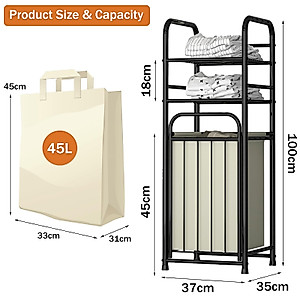 Tilt Out Laundry Hamper with 2 Tier Shelves,Laundry Basket with Removable Liner Bag,Clothes Hamper with Divided Bag for Laundry Room, Bathroom, Bedroom,45 Liter