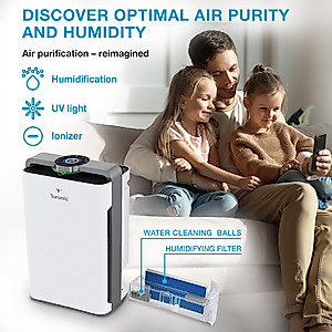 Turonic PH950 - Hepa Air Purifiers for Home w/Humidifier, Large Room Air Cleaner, 8-Stage Purification w/True Hepa 13 Filter, UV-A Light & Ionizer, Smart Auto Mode, Wi-Fi control. (Renewed)