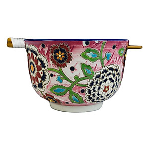 Ebros Mandala Floral Blooms With Pink Polkadot Art Splash Ramen Udon Noodles Large 6.25" Diameter Soup Bowl With Built In Rest and Bamboo Chopsticks Set for Rice Pasta Salad