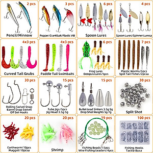 GOANDO Fishing Lures Kit 302Pcs Accessories Set for Bass Trout Salmon with Topwater Lures Crankbaits Spinnerbaits Spoon Worms Jigs and More Fishing Gear with Tackle Box