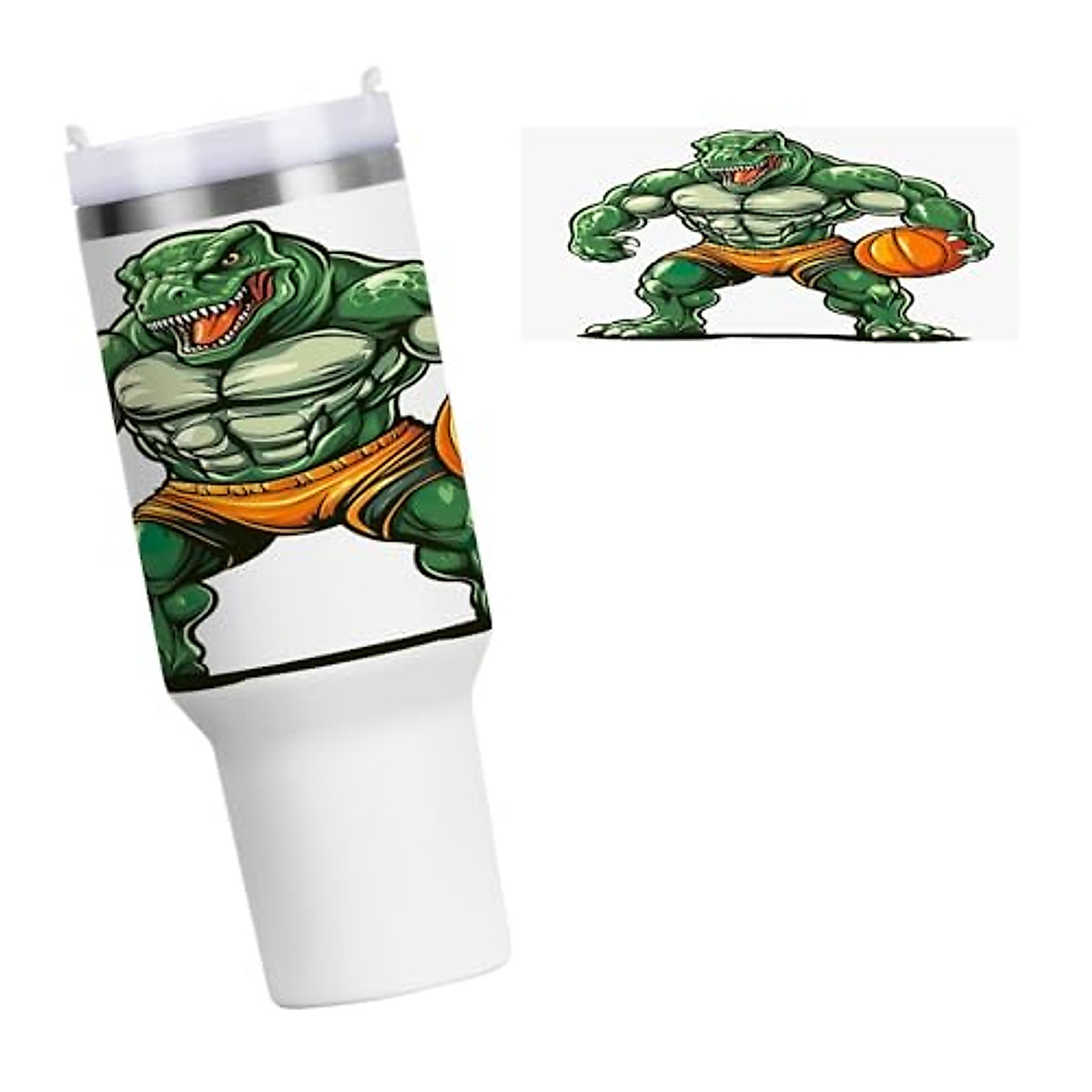 Jihqo Dinosaur Playing Basketball 40 oz Stainless Steel Vacuum Insulated Tumbler with Handle and Straw Lid Reusable Leakproof Water Bottle Double Wall Travel Mug Coffee Cup, Cupholder Friendly