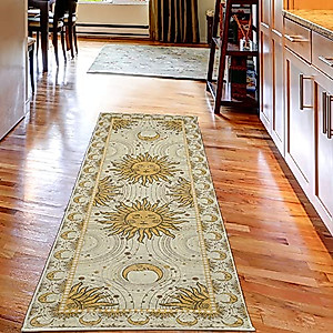 Ambesonne Sun and Moon Decorative Rug, Bohemian Occult Design of Crescent Solar Ornament Esoteric Stars, Quality Carpet for Bedroom Dorm and Living Room, 2' 5" x 7' 5", Pale Earth