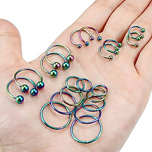 Hoeudjo 16G Stainless Steel Hinged Clicker Segment Septum Rings Horseshoe Earring Nose Lip Ring Hoop Cartilage Tragus Daith Helix Sleeper Earrings Body Piercing Jewelry Rainbow 8mm 10mm 12mm