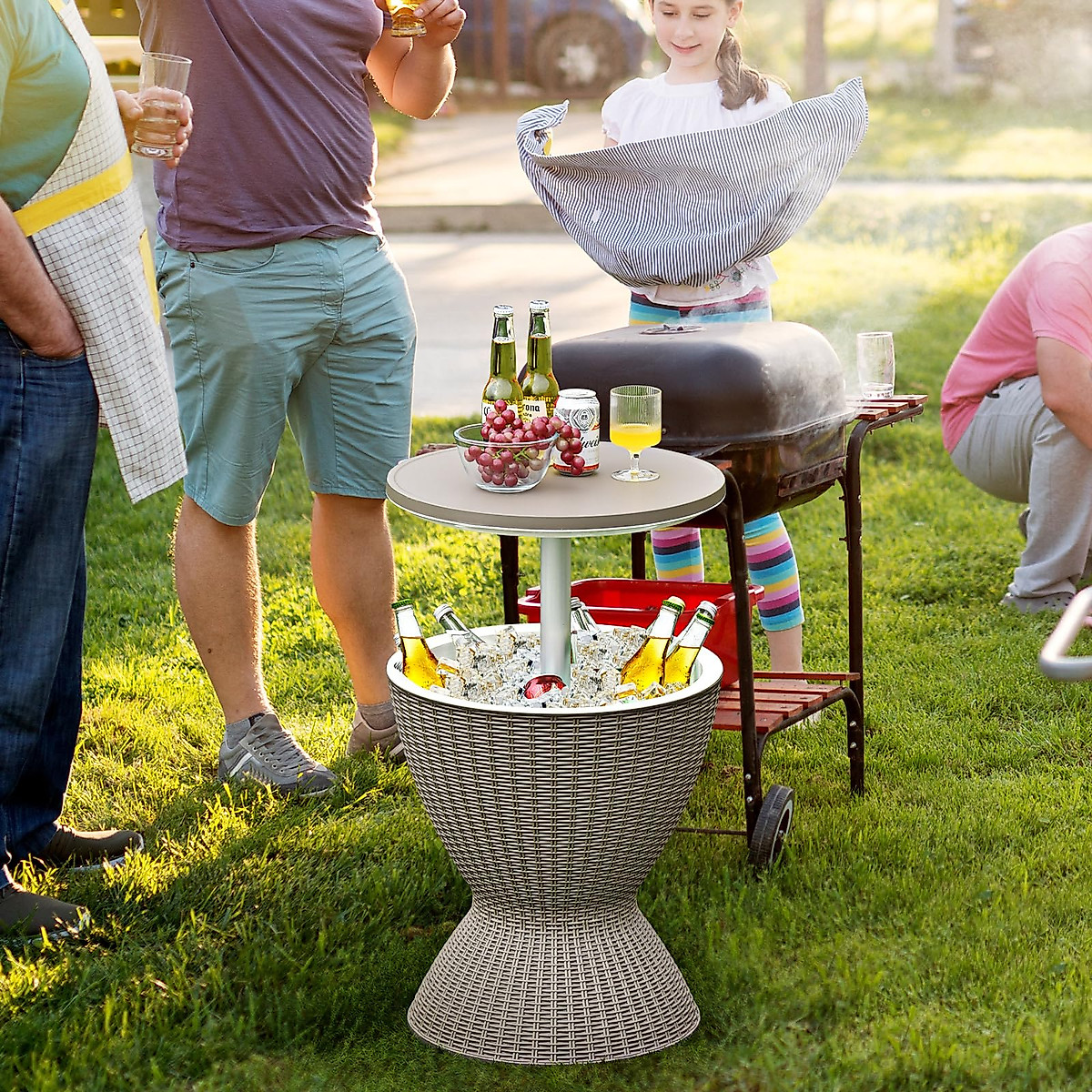 Giantex Cool Bar Table, 8 Gallon Beer and Wine Cooler, Rattan Style Patio Bar Tables, Height Adjustable, 3-in-1 Ice Cooler with Drainage Plug, Outdoor Cocktail Table for Deck Pool Party (Coffee)