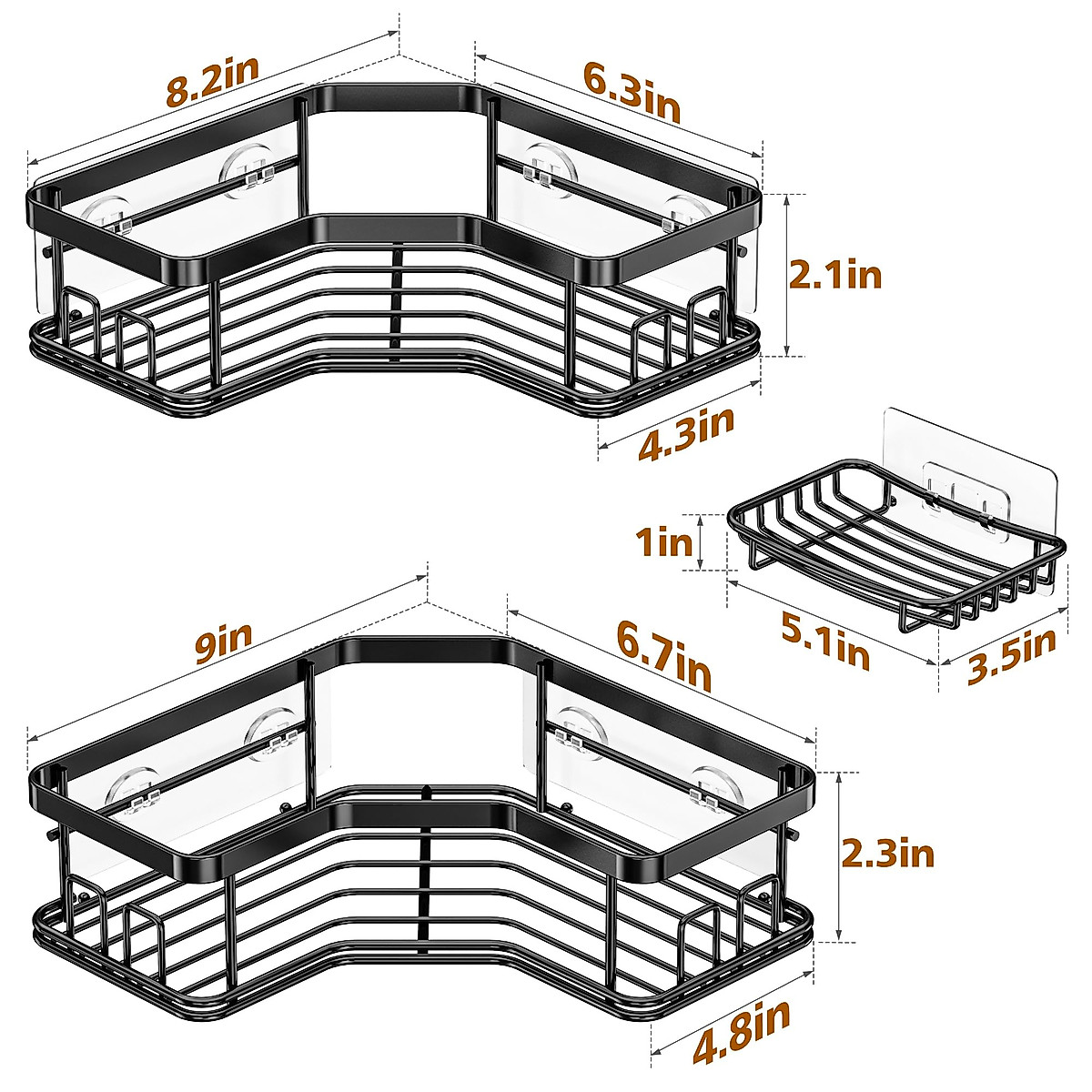 MAXIFFE Shower Caddy, 3-Pack Shower Organizer with Soap Holder, Corner Shower Caddy with 8 Hooks, Wall Mounted Shower Shelf for Bathroom, Kitchen, Countertop, Black