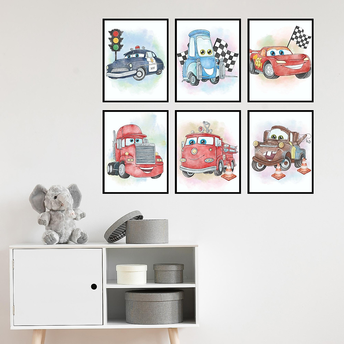 BigWig Prints Cars Poster Set - Cars Room Decor for Boys And Girls, Lightning Mcqueen Room Decor, Wall Art for Kids Bedroom, Sheriff Guido Lightning McQueen Mack Red Mater - 9 Pack (8x10”) Unframed