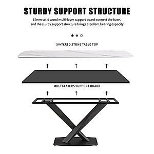 Modern Dining Table, White Sintered Stone Tabletop Dining Table with X-Shaped Solid Carbon Steel Base, 63" Rectangular Dining Table for 4-6
