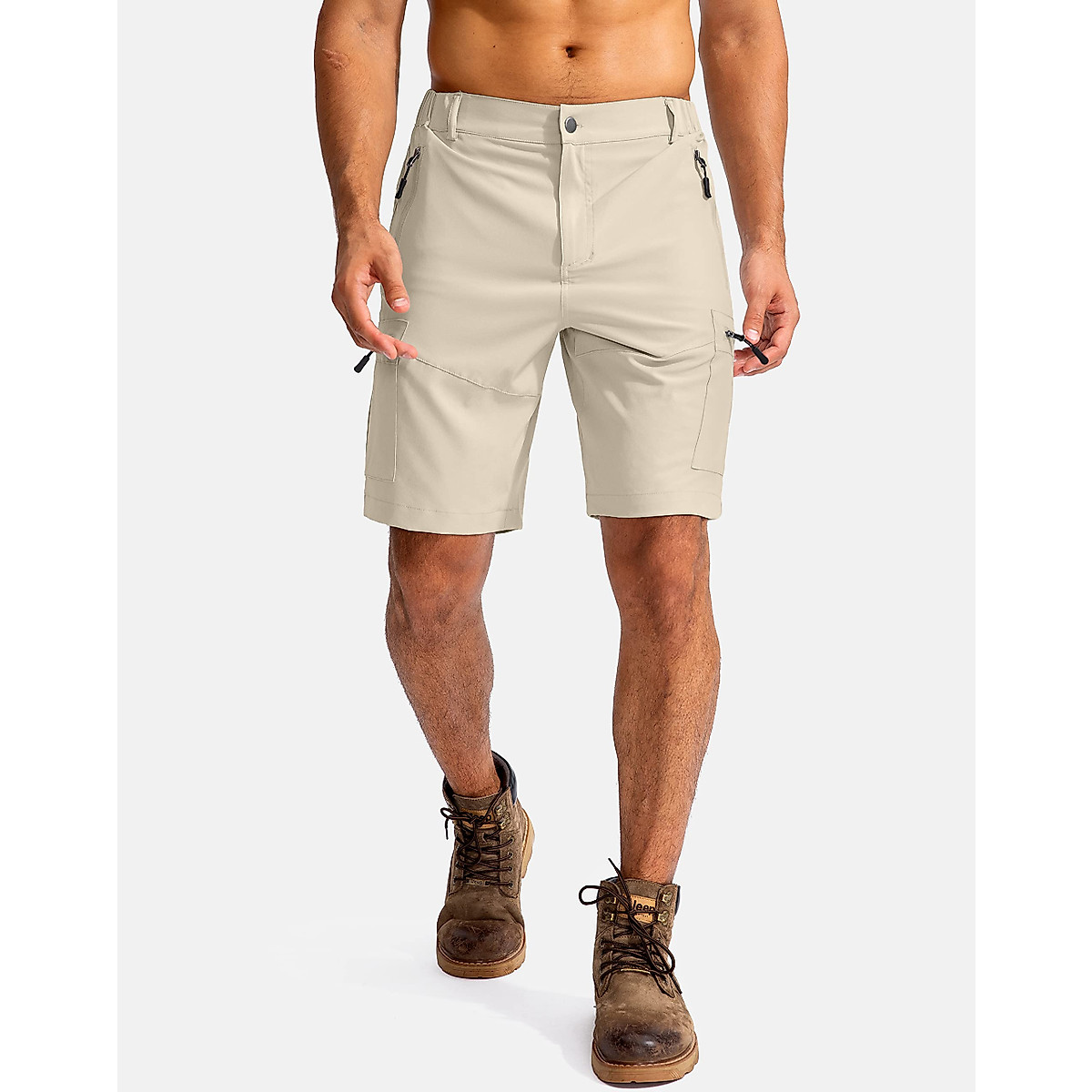 Pudolla Men's Hiking Cargo Shorts 9" Lightweight Outdoor Work Shorts for Men Travel Golf Camping Casual with 5 Zipper Pockets(Khaki Large)