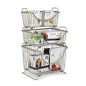 Spectrum Diversified Ashley Stackable Tray, Wire Basket with Raised Feet and Looped Handles Modular Stacking Bin System for Kitchen Countertop & Desk Organization, Satin Nickel