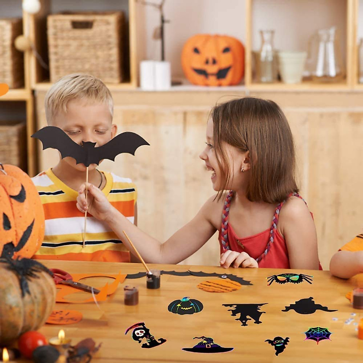 LOKIPA Halloween Scratch Paper, 72 Pieces Magic Rainbow Scratch Off Art Cards Ornaments for Kids Halloween Crafts