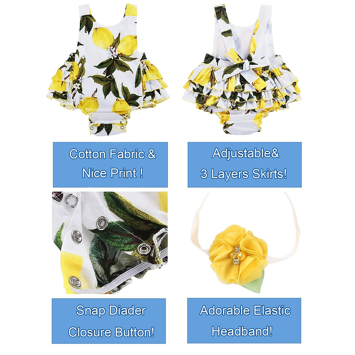 PrinceSasa Baby Girl Clothes Lemon Floral Ruffles Summer Dress and Headband for Newborn Gifts,A6,0-6 Months(Size S)