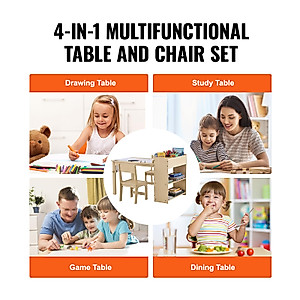 VEVOR Kids Art Table and Chair Set, Kids Craft Table with Storage, Toddler Activity Play Table with 2 Chairs, Wooden Drawing Deask for Children Painting, Reading, Learning