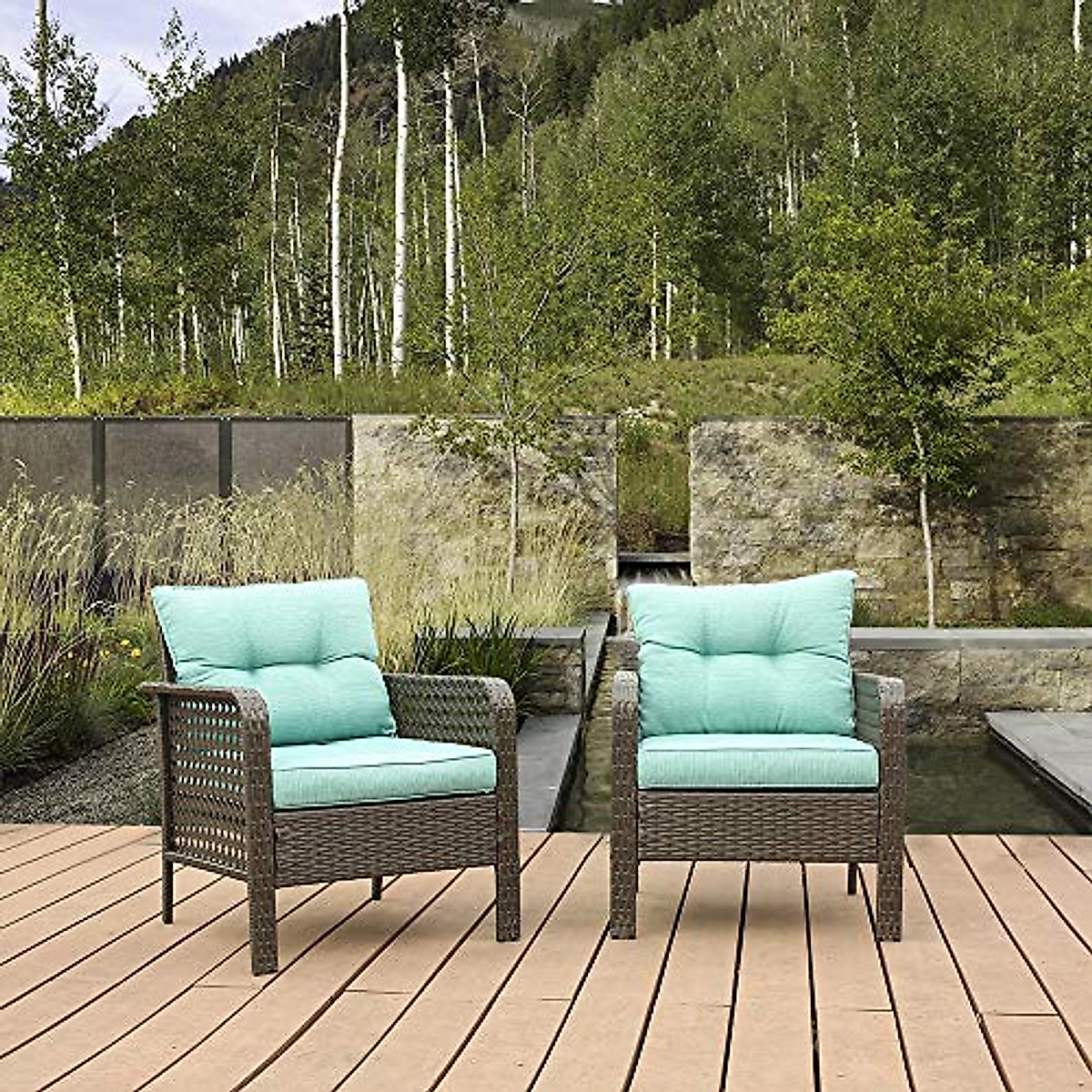 U-Eway Outdoor Rattan Single Chair 2pcs,Patio PE Wicker Furniture Cushion Seat,2Pcs Armchairs PE Rattan Sofa Backyard Yard,Premium Spun Ploy Fabric,Removable Cushion Cover Zipper, Washable (Green)