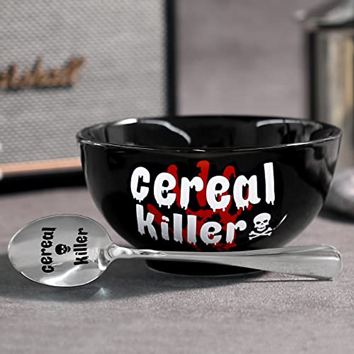 Nefelibata Halloween Black Cereal Killer Bowl and Spoon Set Father's Day Man‘s Birthday Retirement Engraved Funny Gift for Him Papa's Grandfather's Uncle's Friend's Present Set of 2