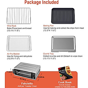 Air Fryer Toaster Oven Combo, Fabuletta 10-in-1 Toaster Ovens Countertop 1800W, 100-450°F Temperature Control，Flip Up & Away Capability for Storage Space, Enamel Baking Pan Easy Clean with Recipe Book