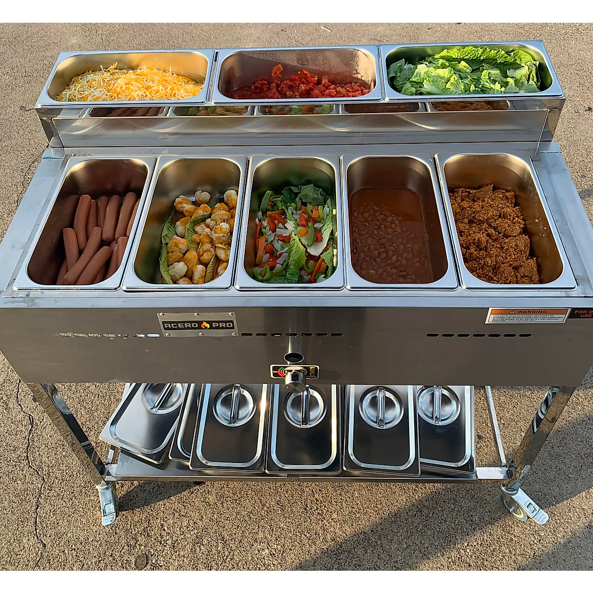 Acero Pro 5 Container Outdoor Steam Table Food Warmer Cart (Propane) - 3 Condiment Containers - Total 8 Standard 1/3 Pans (12" x 6" x 4") - Stainless Steel - Portable for Home, Commercial, & Catering