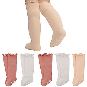 Aaronano Non-slip Knee High Socks Baby Girls Grippy Sock Frilly Ruffle 5 Pairs(2 white + 2 pink + 1 nude,0-6 Months)