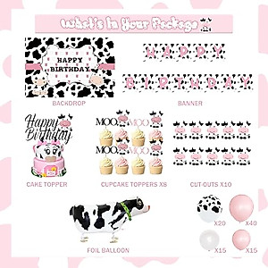 114 PCs Cow Party Decorations, Fiesec Pink Cow Birthday Party Decorations Backdrop Balloon Garland Arch Banner Cake Cupcake Topper Walking Cow Balloon Cow Print Moo Pink White Black