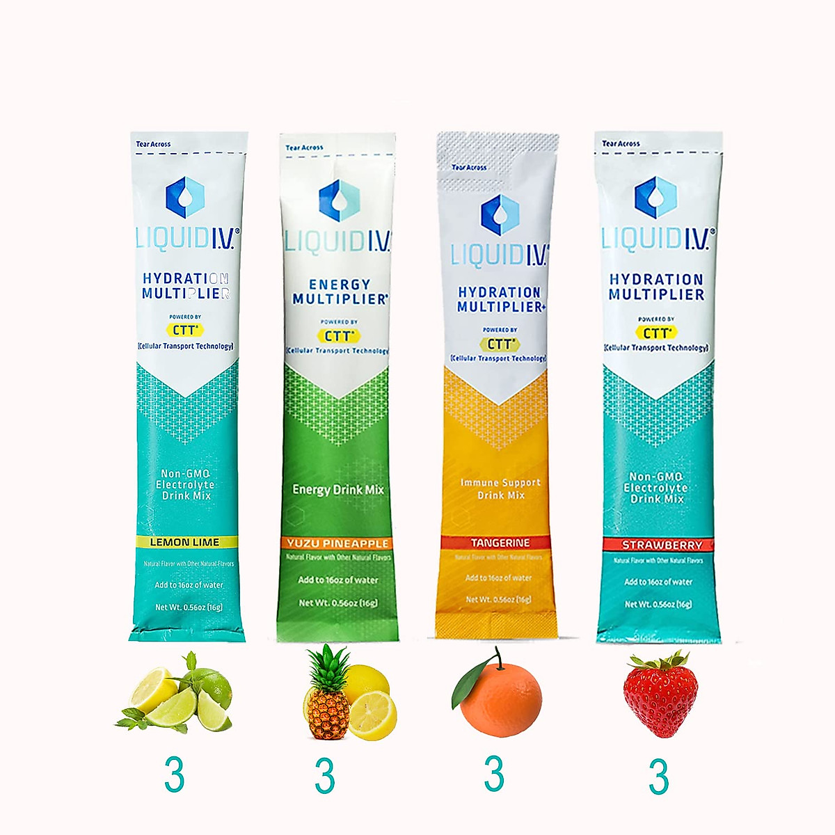 GARIZZE Liquid IV Hydration Multiplier - Hydration Powder Packets -12 Sticks - Electrolyte Drink Mix - Strawberry, Lemon Lime, Tangerine Immune Support, Yuzu Pineapple Energy Drink Mix