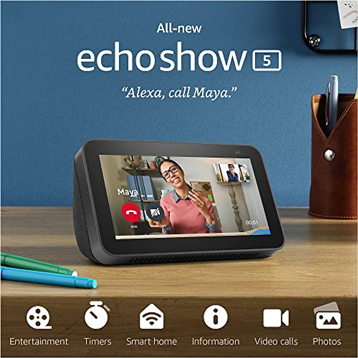 Echo Show 5 (2nd Gen, 2021 release) | Smart display with Alexa and 2 MP camera | Charcoal | with Wyze Cam V3