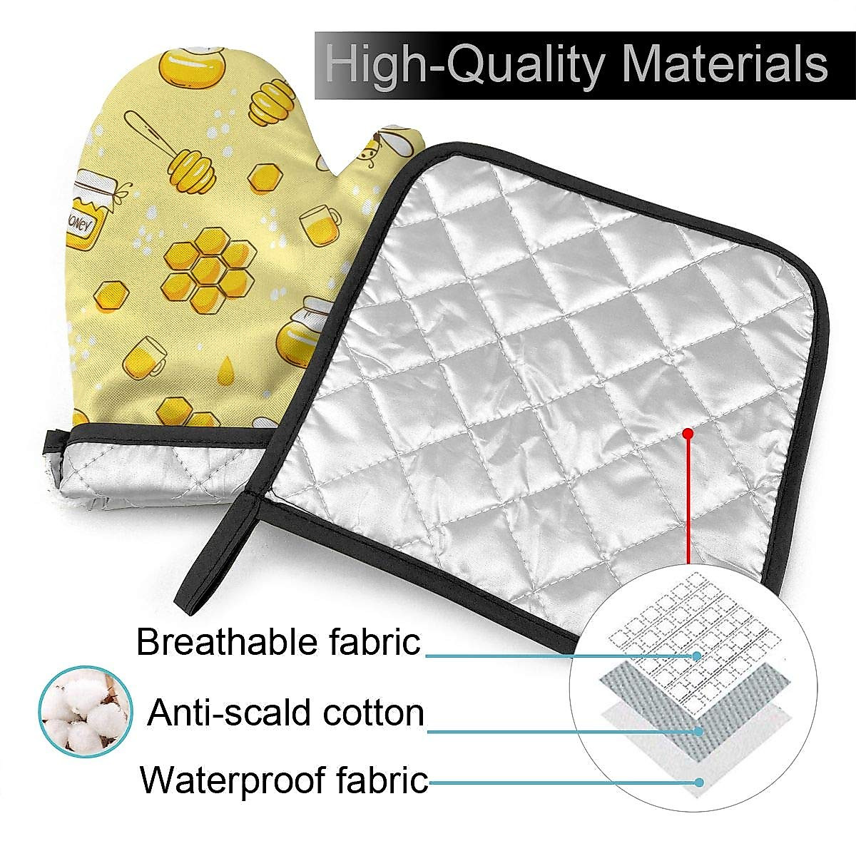 Bee Oven Mitts and Pot Holders Sets Heat Resistant Oven Gloves with Non-Slip Surface for Reusable for Baking BBQ Cooking