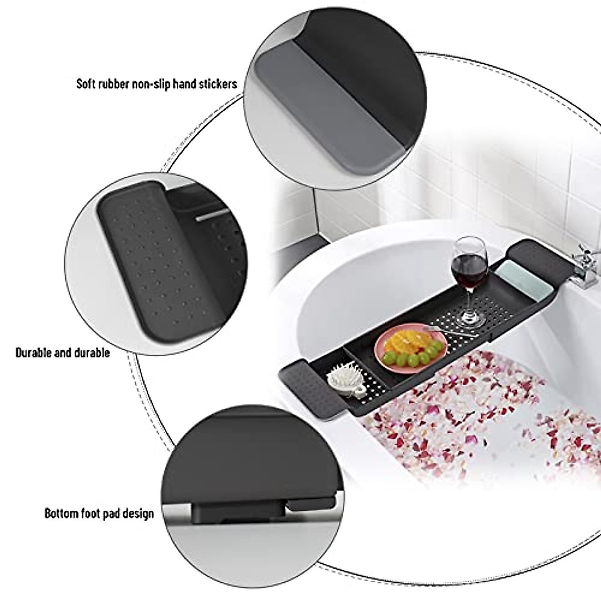 Expandable Drain Bath Shelf Caddy Tray, YOCOMEY Multifunctional Plastic Bathtub Tray Bathroom Organizer Simple Stylish Bathtub Storage Rack for Candle Towel, Book, Wine, Phone, Shower (Dark Gray)
