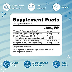 Blood Booster Iron Supplement for Energy and Fatigue - Gentle, Non-constipating Iron, Methylfolate and Other coenzyme B Vitamins (180 caps - Vegan, Gluten Free, Non-GMO)