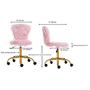 LEEJAY Luxury Kids Desk Chair for Granddaughter, Furry Pink Fancy Girl Chair, Cute Vanity Chair with Fluffy Faux Fur, Armless Fuzzy Desk Chair with Golden Base, Gifts from Grandpa Grandma