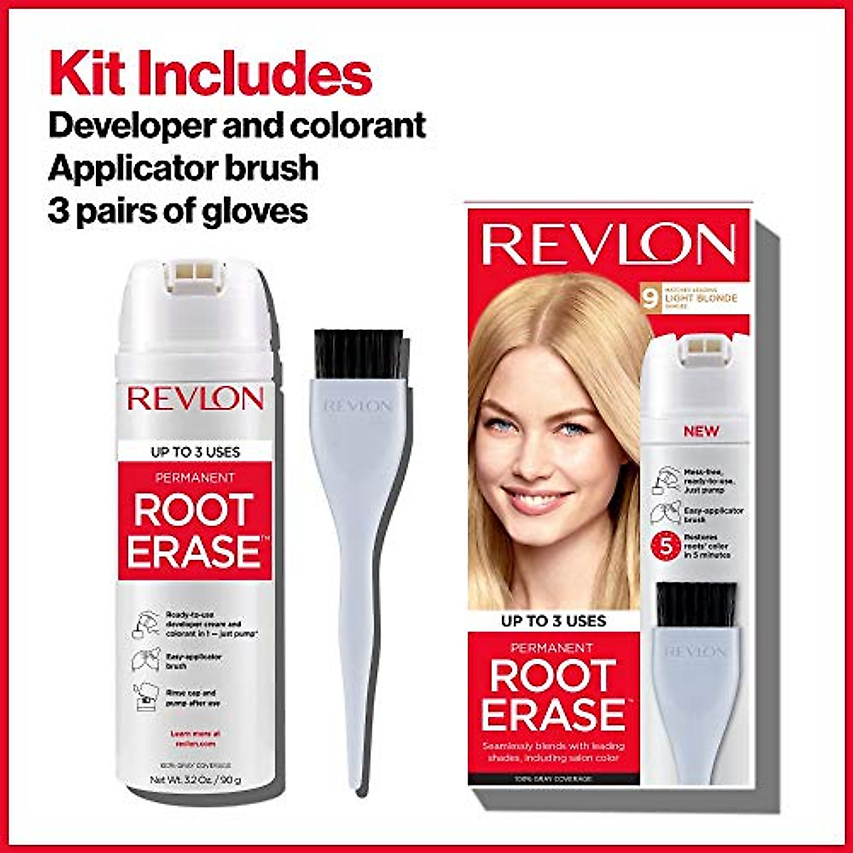 Revlon Permanent Hair Color, Permanent Hair Dye, At-Home Root Erase with Applicator Brush for Multiple Use, 100% Gray Coverage, Medium Golden Brown (5G), 3.2 Fl Oz