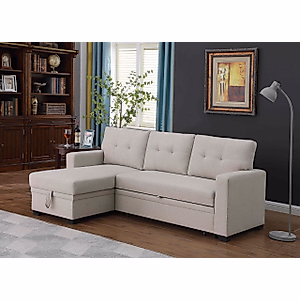 Wakefit Sectional Sofa Couch, 4-in-1 Sleeper Sofa Bed with Reversible Storage Chaise Pull Out Couch for Living Room | Hidden Stroge | Pull Out Bed | Removable Backrest | Linen Fabric, Beige