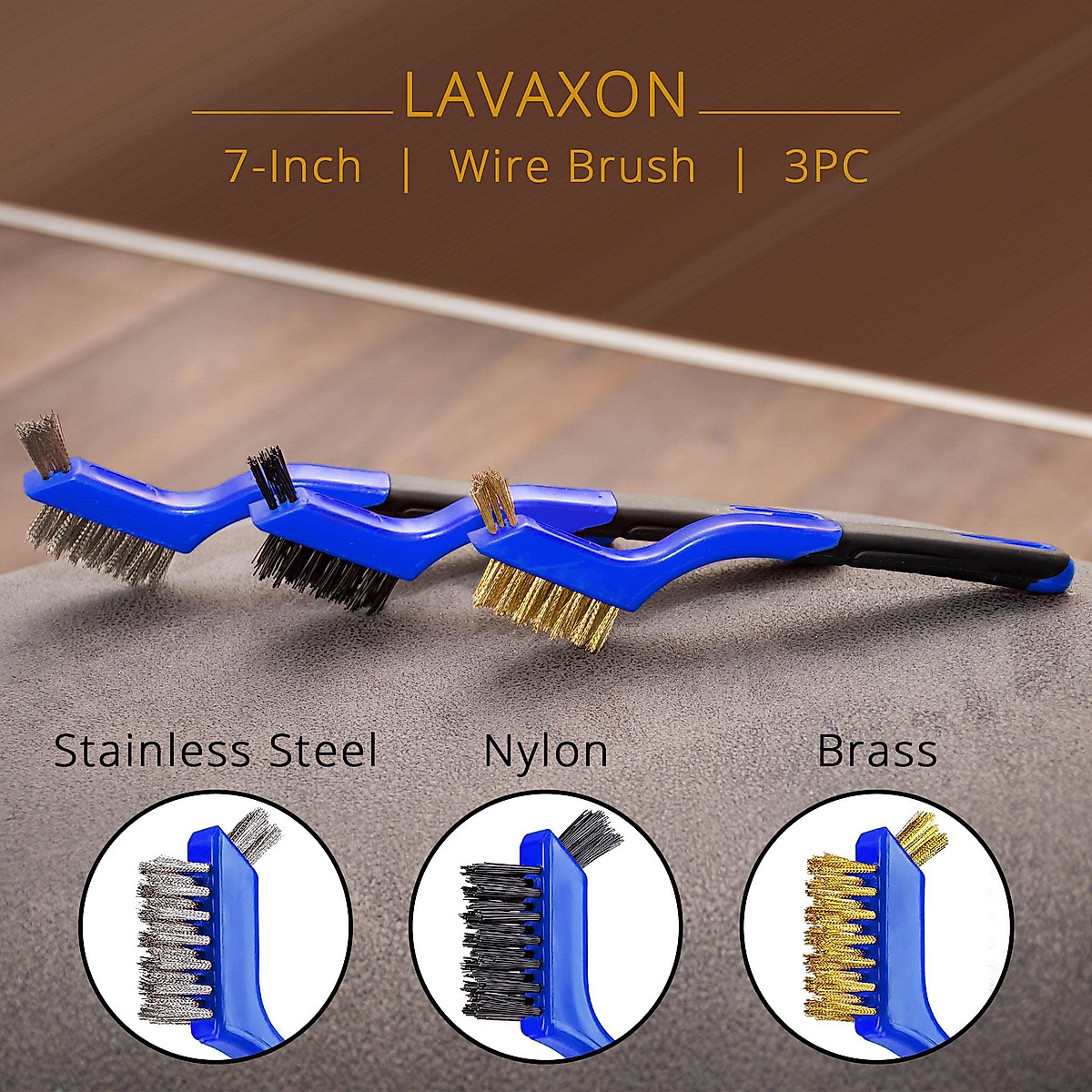 Lavaxon Wire Brush Set 3Pcs - Nylon/Brass/Stainless Steel Bristles with Curved Handle Grip for Rust, Dirt & Paint Scrubbing with Deep Cleaning – 7 Inches (Green)