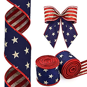 2 Rolls Patriotic Wired Edge Ribbon Stars and Stripes Reversible Ribbons Red White Blue Decorative Ribbon for 4th of July Memorial Day Bow Wreath Making DIY Crafts (Vintage)